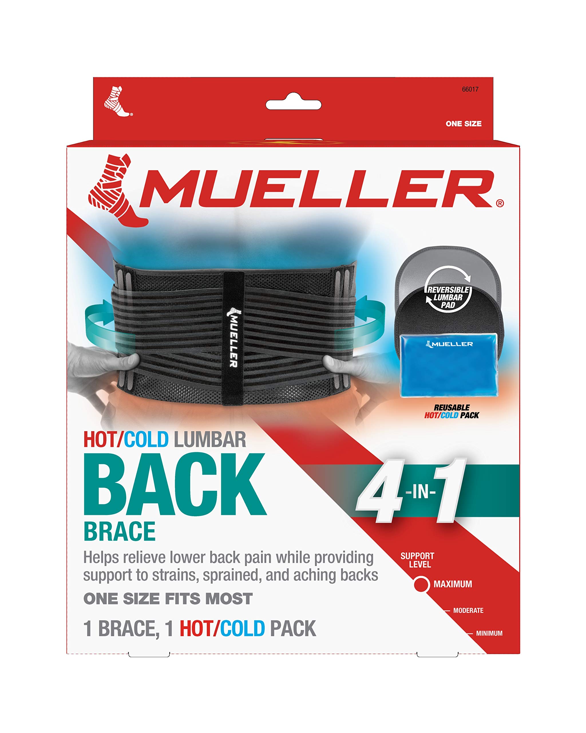 MUELLER Sports Medicine 4-in-1 Lumbar Back Brace with Removable Hot/Cold Pack, for Men and Women, Black, One Size