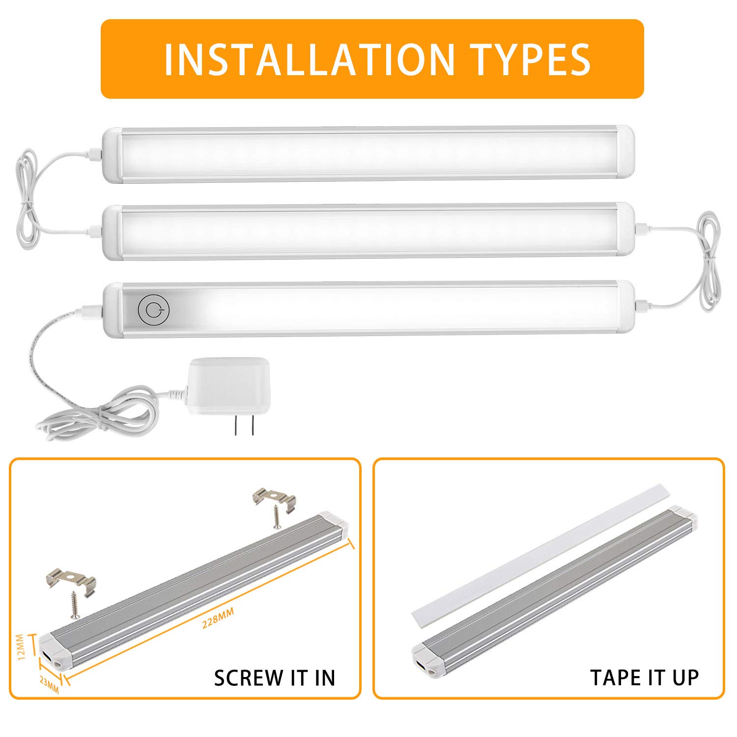 LED Under Cabinet Lighting dimmable - GONOTO Under Cabinet Light hardwired120V ETL Adapter,Tool-Free Install Kitchen Accent Lights,Touch on/Off/Dimmer Under Counter Lights,Natural White 4000K 3pack
