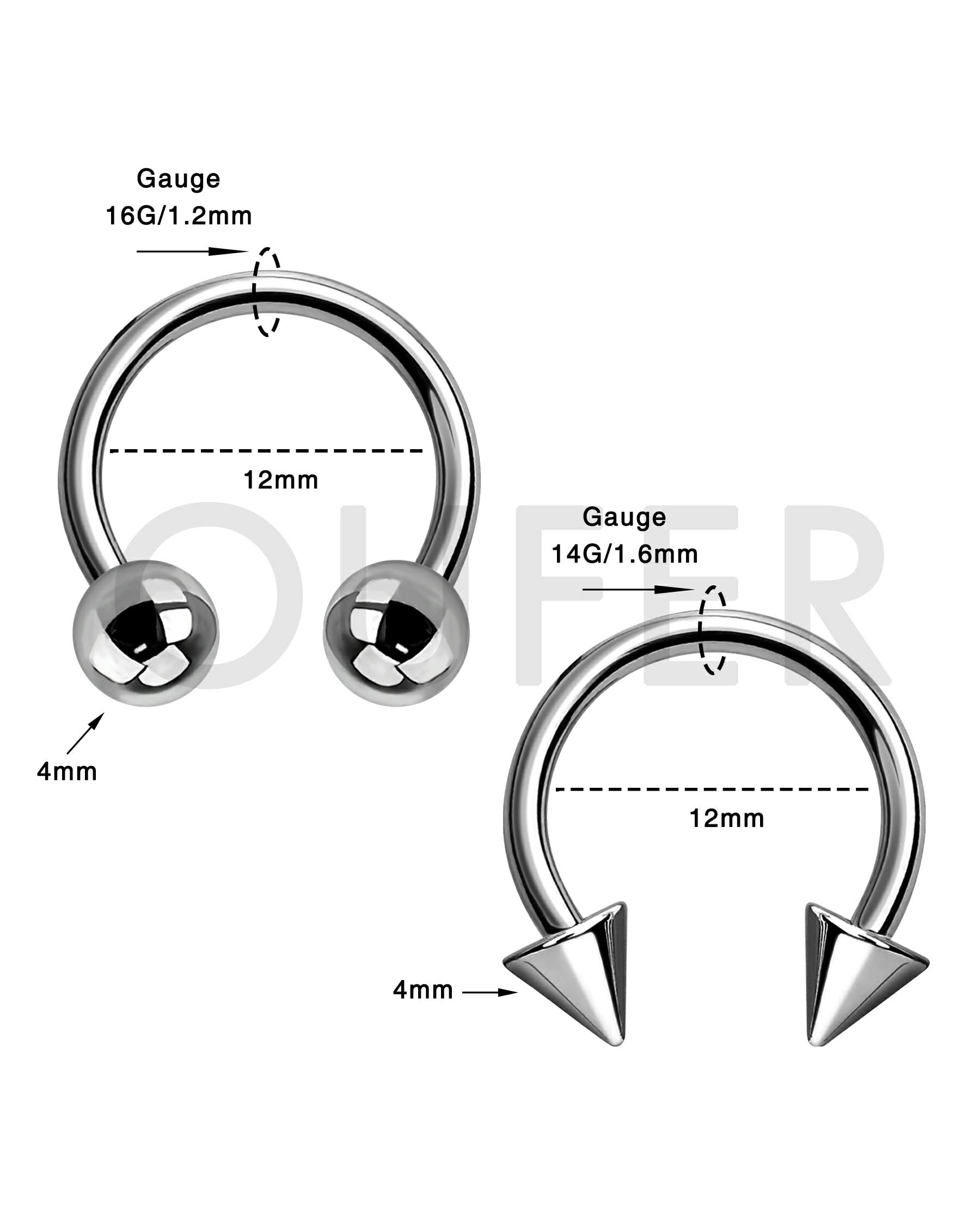 OUFER 16G Septum Rings, G23 Solid Titanium Septum Jewelry, 2PCS Basic Barbell Cartilage Earrings, Helix Daith Conch Piercing Jewelry For Women And Men-12MM