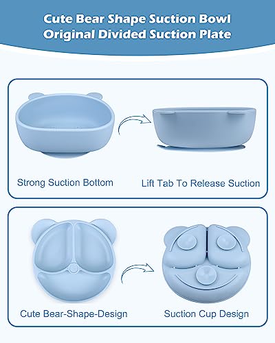 OFUN 8 Pack Silicone Toddler Feeding Set, Baby Led Weaning Supplies with Adjustable Bib, Divided Suction Plate, Bowl and a Sippy Cup, with 2 Spoon, 2 Folk, Eating Utensil for 6+ Months, Blue