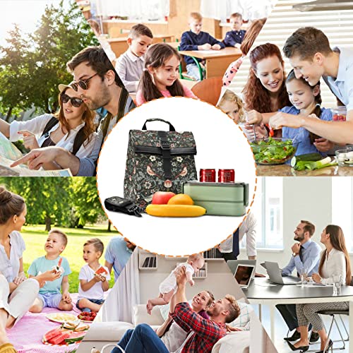 Oyihfvs William Morris Flowers Birds On Dark Leakproof Insulated Lunch Bag, Closure Cooler Lunchbox Bag Reusable Tote, Roll Top Detachable Shoulder Crossbody Lunch Box