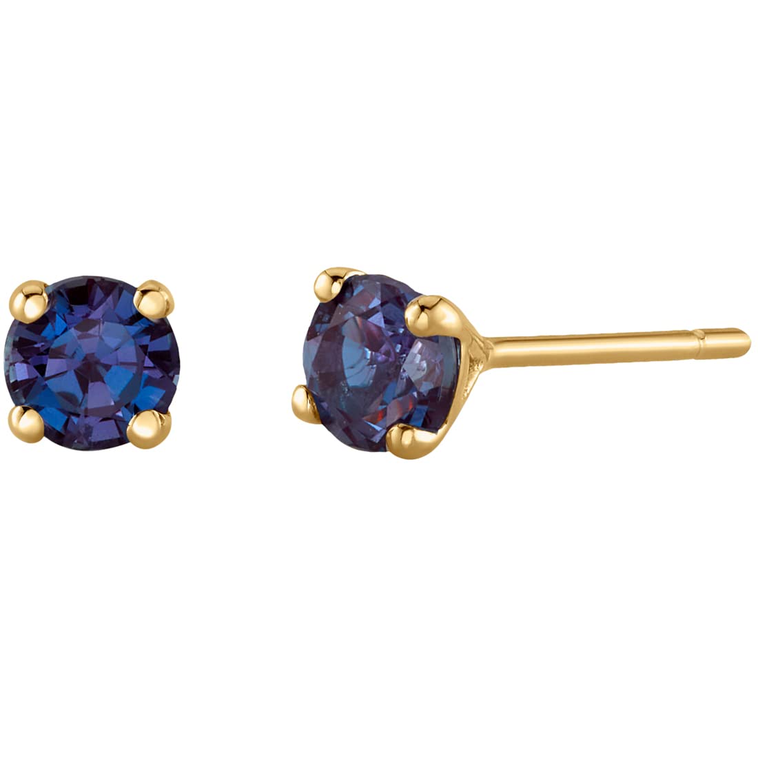 Peora Solid 14K Yellow Gold 4mm Round Created Alexandrite Solitaire Stud Earrings for Women, Hypoallergenic Color Changing 0.50 Carat total AAA Grade, June Birthstone, Friction Backs