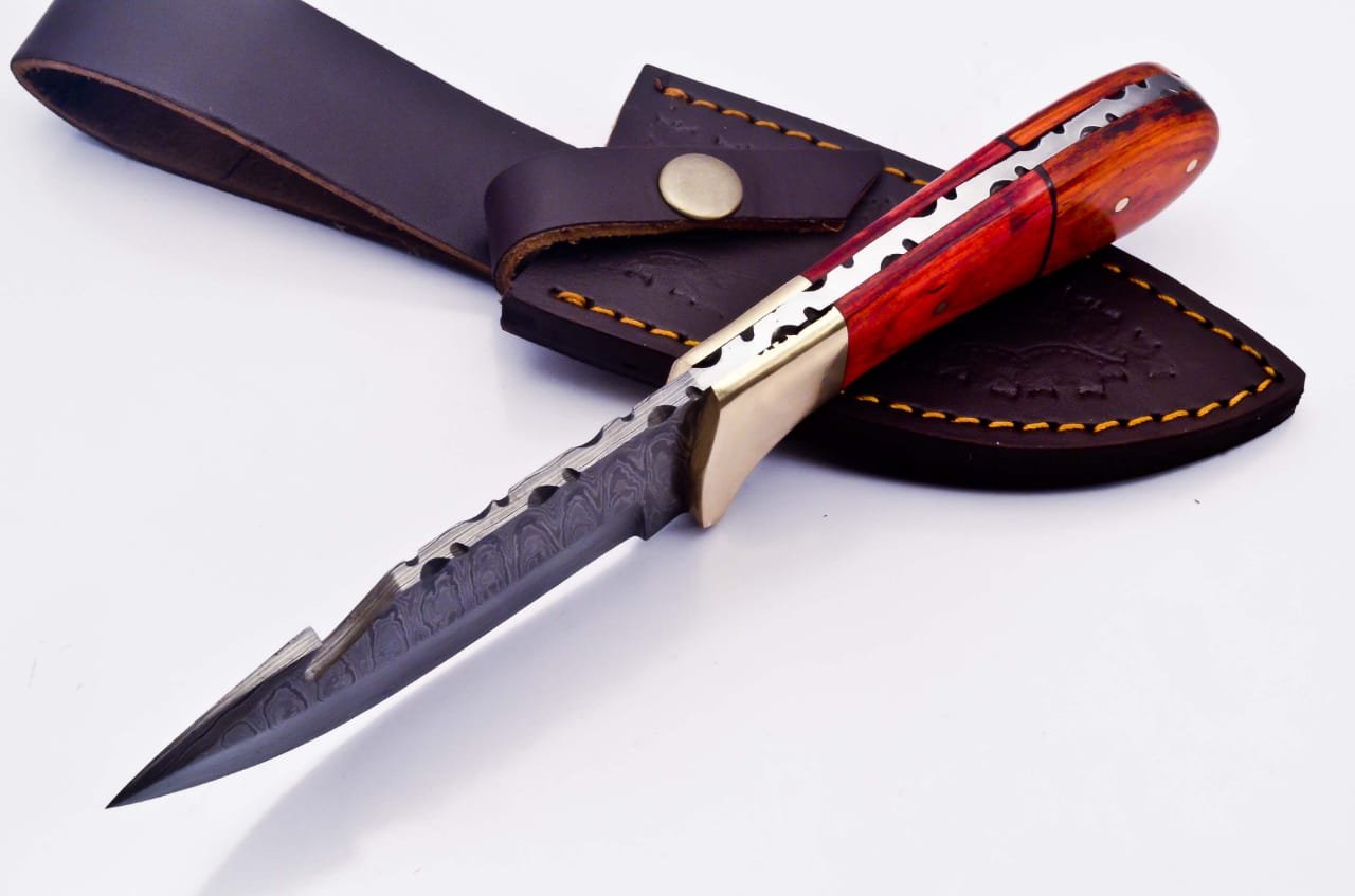 knifehills RARE CUSTOM DAMASCUS GUT HOOK HUNTING SKINNING KNIFE | HARD WOOD HANDLE (H-610)