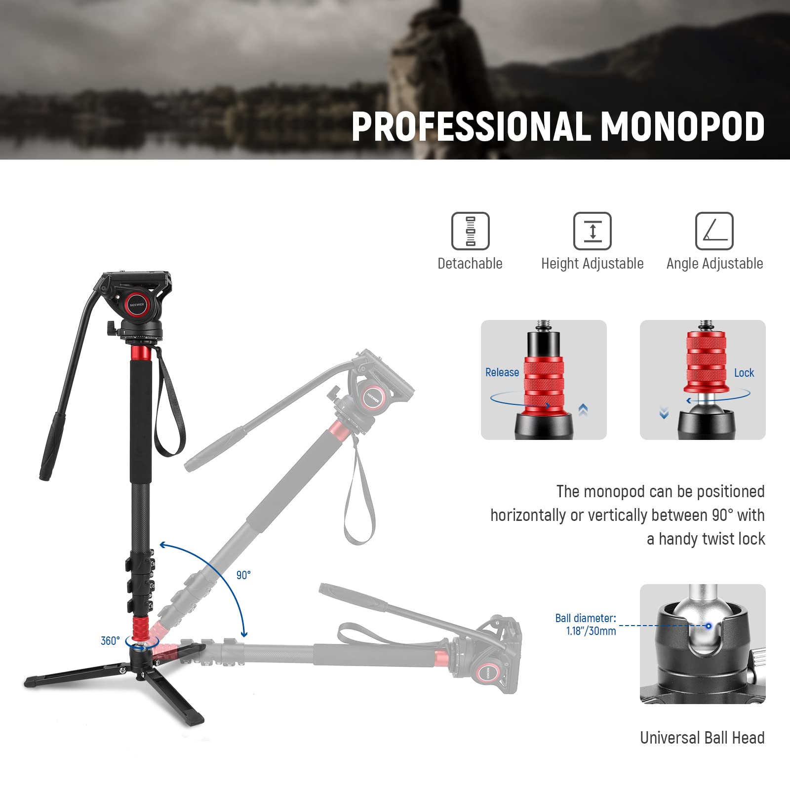 NEEWER 71.6" Pro Camera Monopod with Feet, Carbon Fiber Telescopic Video Monopod with QR Plate Compatible with DJI RS Gimbals Manfrotto, Removable Base for Camera Camcorder, Max Load 13.2lb/6Kg, TP71