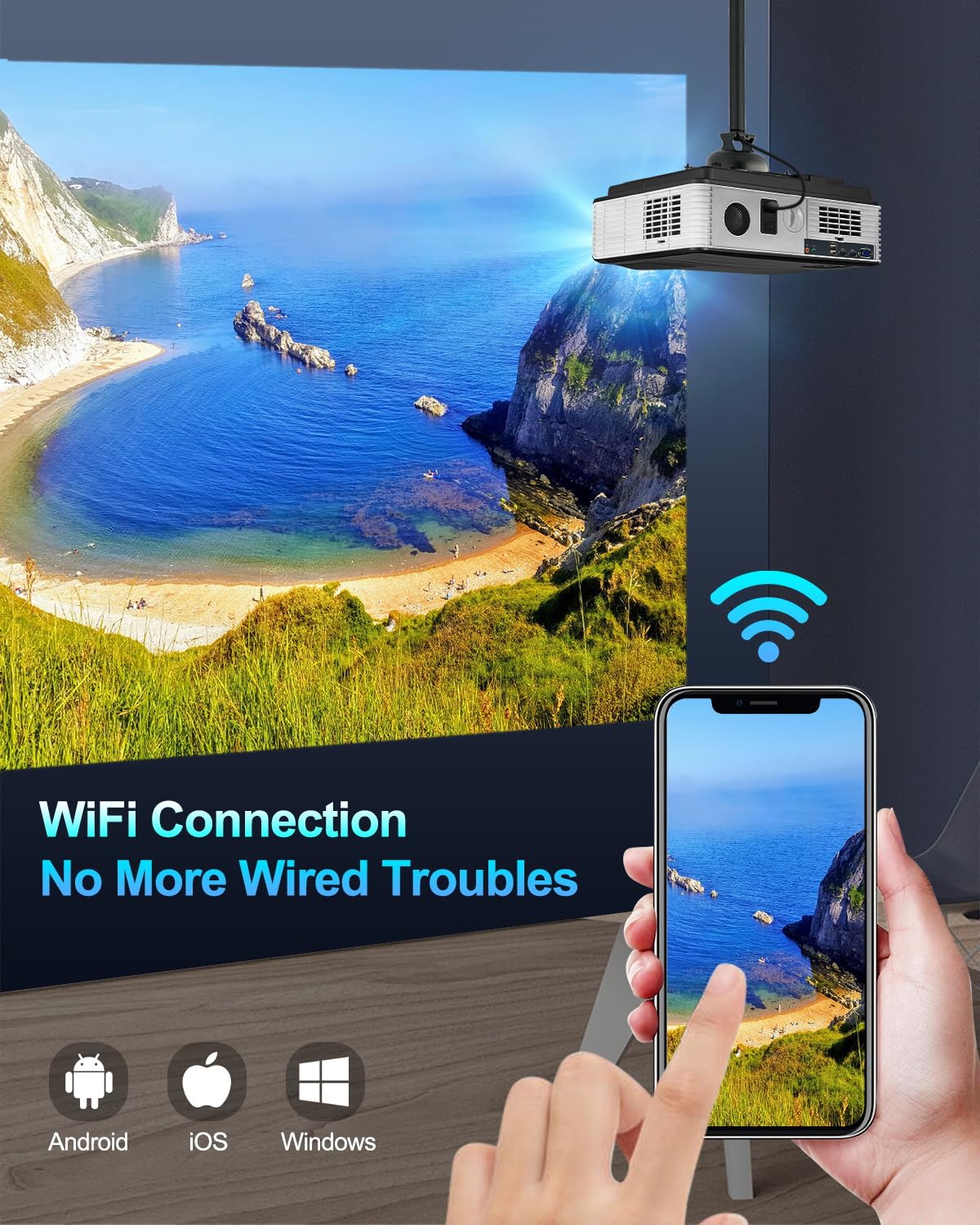 Native 1080P Full HD Projector, 6500 Lumen Projector with WiFi and Bluetooth, Upgrade Android Smart Projector for Outdoor/Indoor,Compatible with SmartPhone/TV Stick/PC/Laptop