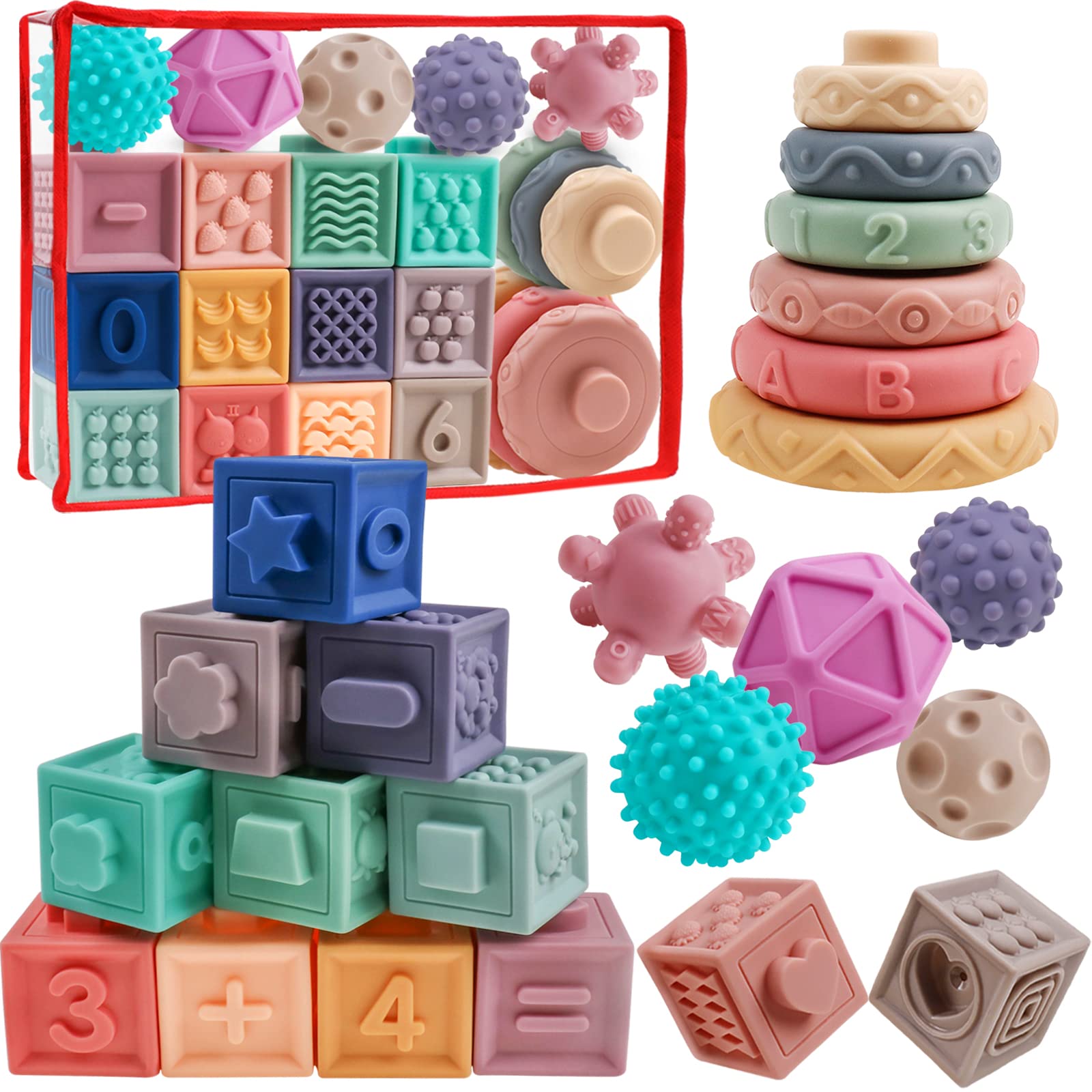 TSYAN Baby Blocks Soft Building Blocks Montessori Toys for Infant 0-6 6-12 Months Baby Sorting and Stacking Sensory Teething Toys Educational Learning Stacking Tower for Newborns Toddlers Babies