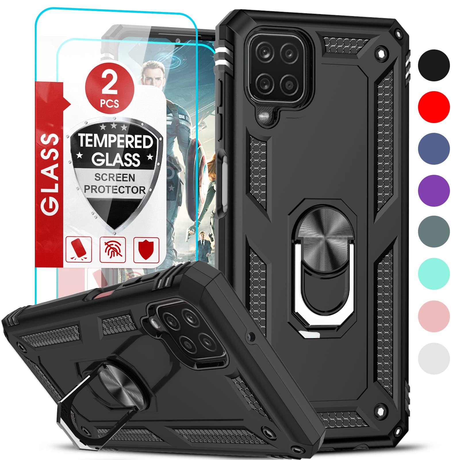 LeYi for Galaxy A12 Phone Case, Cell Phone Case for Samsung A12 Case with [2 Pack] Tempered Glass Screen Protectors, [Military-Grade] Magnetic Ring Kickstand Phone Case for Galaxy A12 5G, Rose Gold
