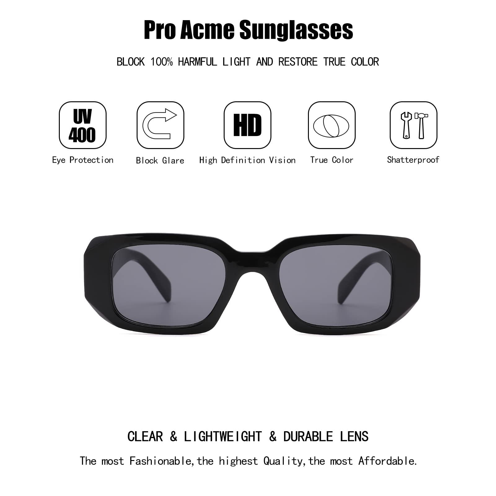 Pro Acme Trendy Rectangle Sunglasses for Women & Men, Retro Vintage 90s Small Square Shades (Black Frame | Black Lens)