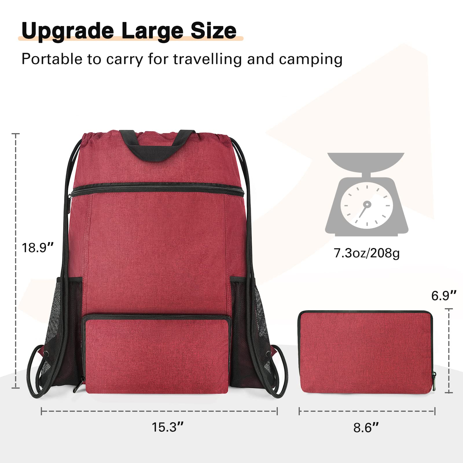 Noozion Drawstring Backpack with Mesh Pockets Sport Gym String Bag Large Sackpack Water Resistant for Women Men