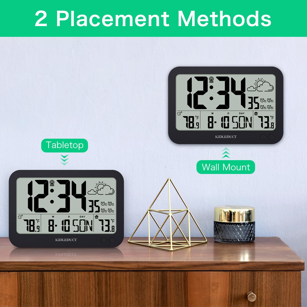 KIDLEDUCT Digital Wall Clock Battery Operated, Atomic Desk Clocks with Temperature Indoor Outdoor, 8.5" Large Display Weather Forecast Thermometer with 4 Alarms, 330ft Wireless