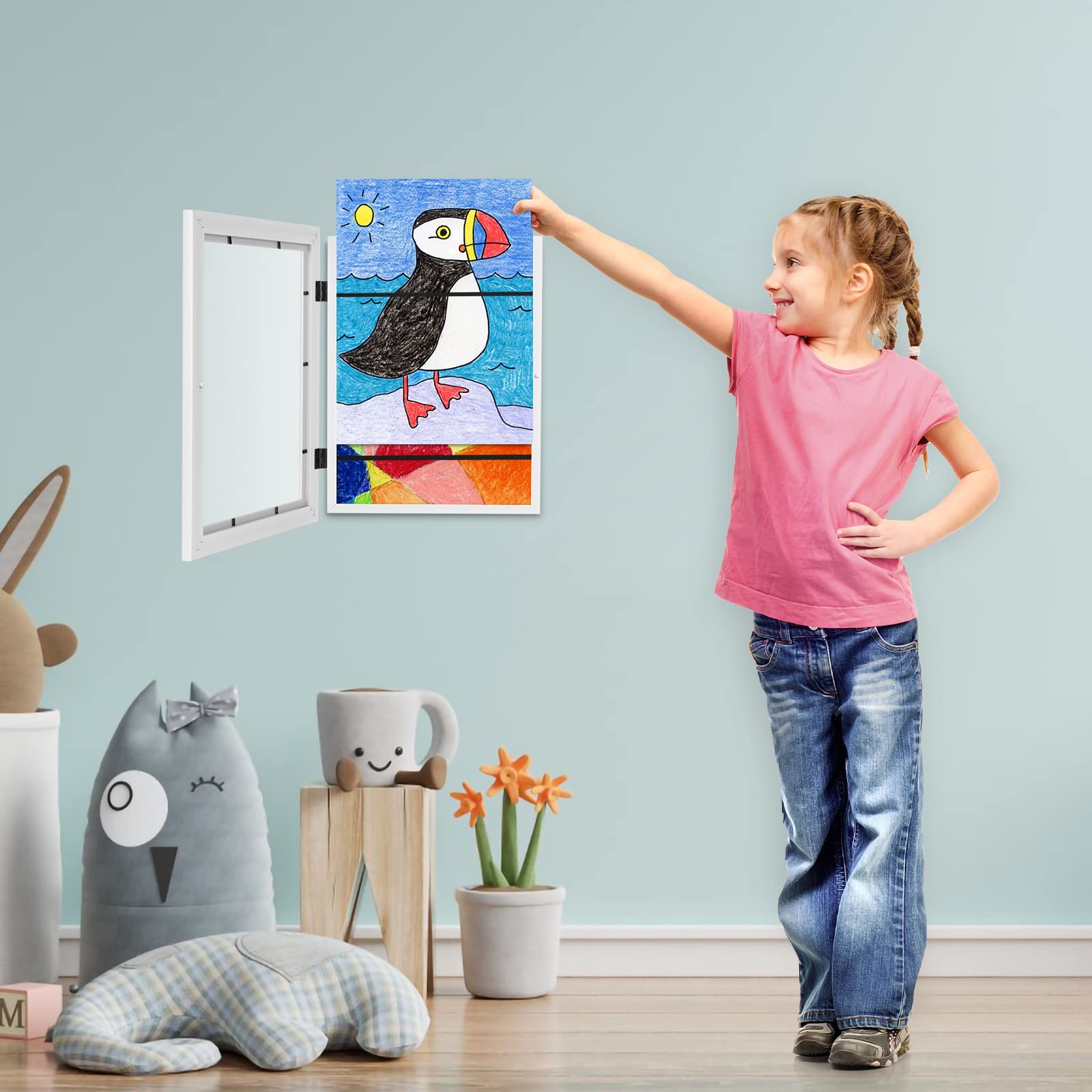 Kids Art Frames, 9x12 Front Opening Kids Artwork Frames Changeable, Upgrade White Artwork Display Storage Frame for Wall, Holds 50 Pcs, for 3D Picture, Crafts, Children Drawing, Hanging Art, Portfolio