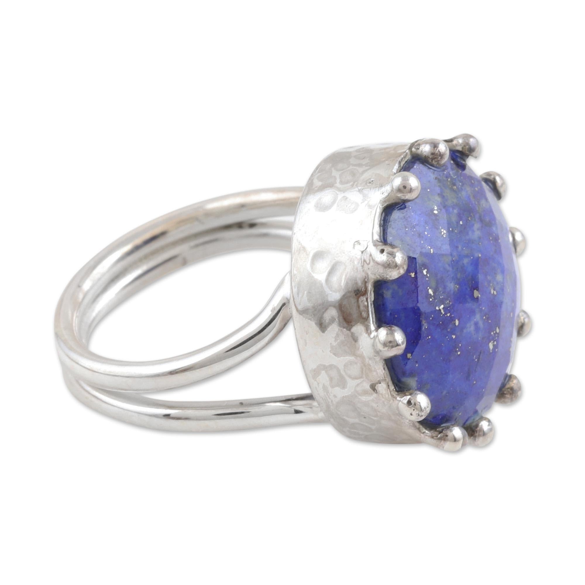 NOVICA Artisan Handmade Lapis Lazuli Cocktail Ring Sterling Silver Single Stone India Gemstone Birthstone [crownbezel 0.8 in L x 0.8 in W x 0.3 in H Band Width 3 mm W] ' Royalty in Blue'
