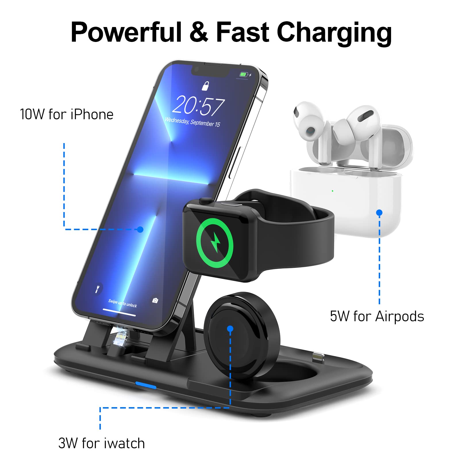 OLEBR 3 in 1 Charging Station for Multiple Devices Apple Bedside Charging Stand for iPhone and Apple Watch 7/6/SE/5/4/3/2/1 Charging Dock for AirPods Pro/3/2/1 (with 12W Fast Charger) Black