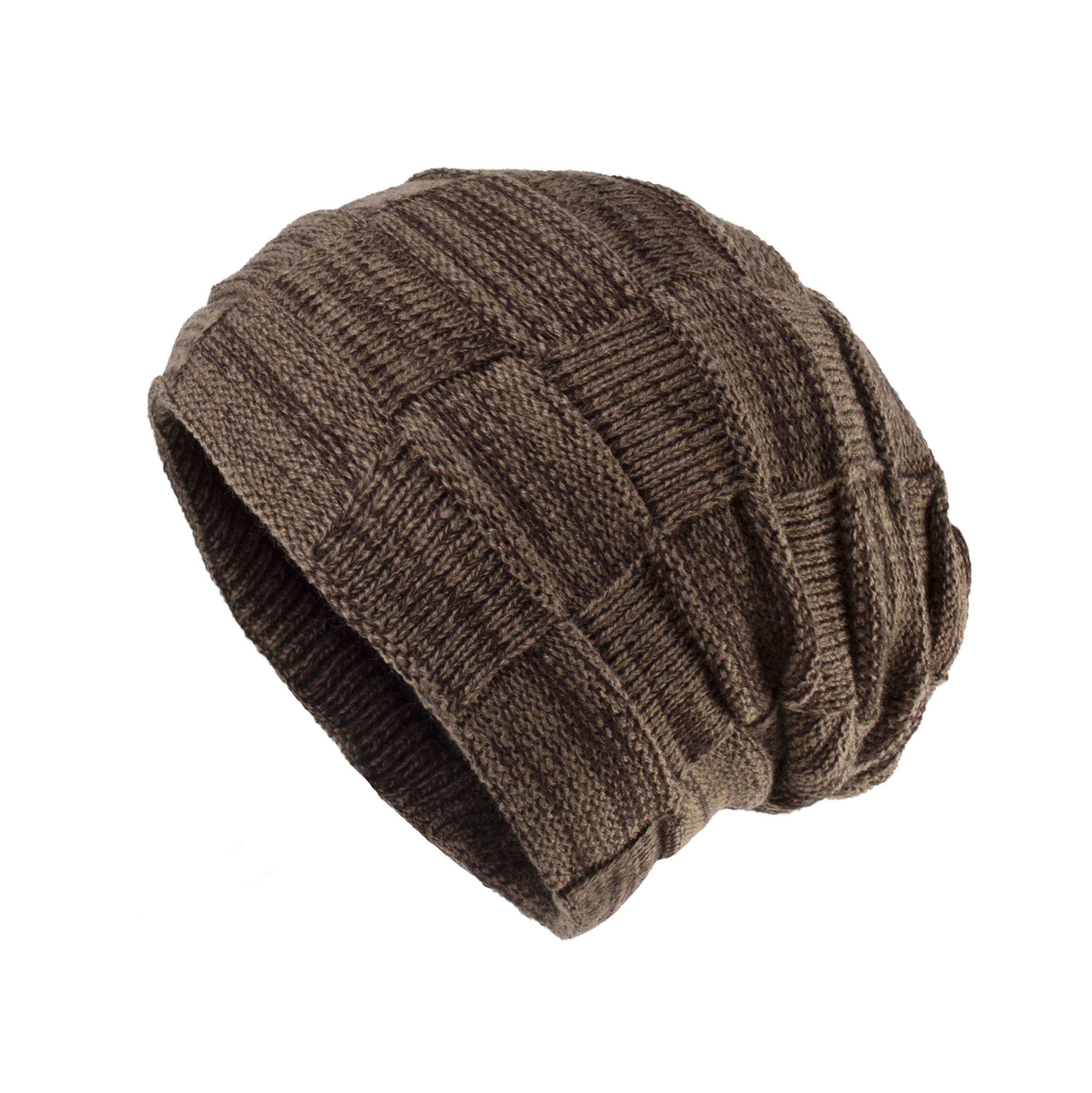 LANGZHEN Slouchy Beanie for Men -Winter Warm Lined Knit Hat for Guys Soft Thick Warm Cap(Brown-Melange)