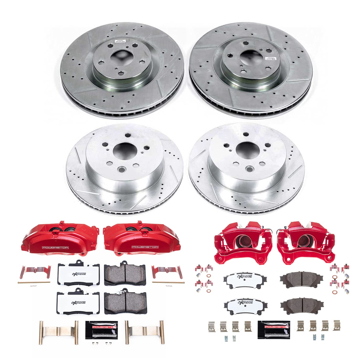Power Stop KC6947-26 Front and Rear Z26 Street Warrior Brake Pad and Rotor Kit with Red Powder Coated Calipers For Lexus IS350 2014-2015 [Model Specific]