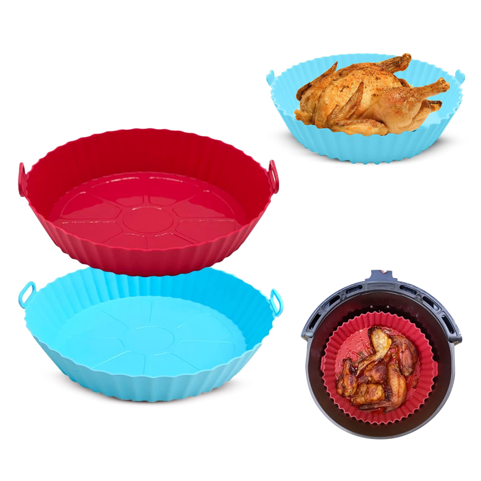 RR Brand Silicone Air Fryer Liners, 6.3” 2 Pieces Non-stick Paper for Frying Cooking,Oil-Proof for Steamer and Microwave Air Fryer Basket Pot,Air Fryer Silicon Liners Fits to 3-7 QT(Blue & Red)