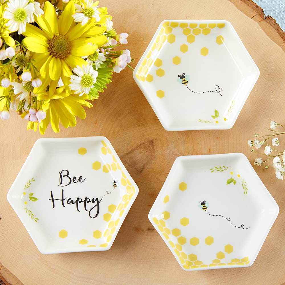 Kate Aspen Bee Happy Ceramic Hexagon (Set of 3) Trinket Dish, One Size