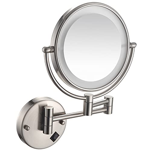 YSOLDA 8 Inch Dual Sided Wall Mounted Lighted Makeup Vanity Mirror with LED, 1X/10X Magnifying and 360° Swivel Extendable Cosmetic Mirror, Wall Mirror for Bathroom Shaving,Nickel,Hard Wired