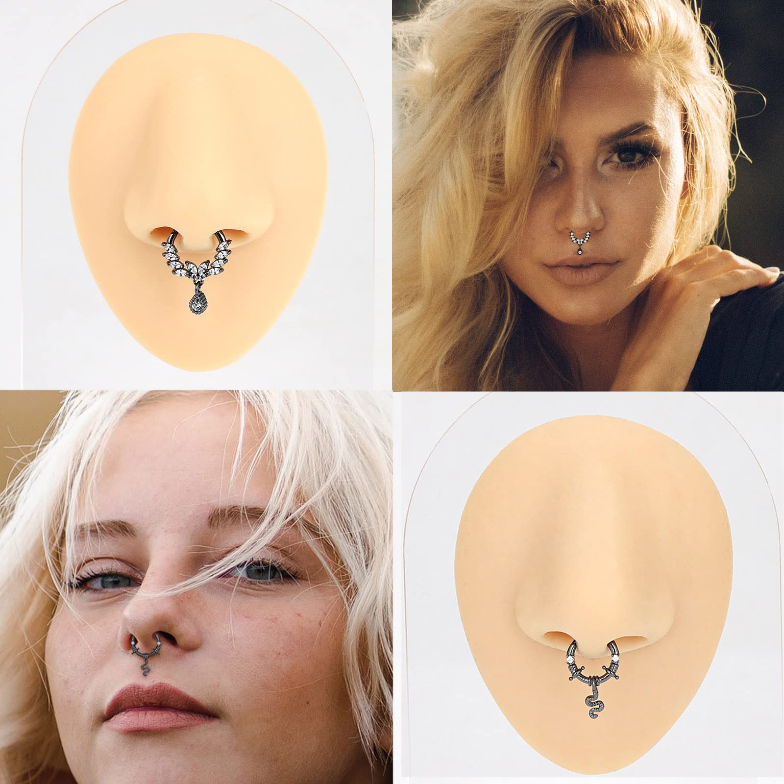 Qmcandy 6pcs Stainless Steel Wire Wrapped Septum Clicker Triple Spike Hinged Seamless Ring 16g Nose Piercing Jewelry, Black 3/8"