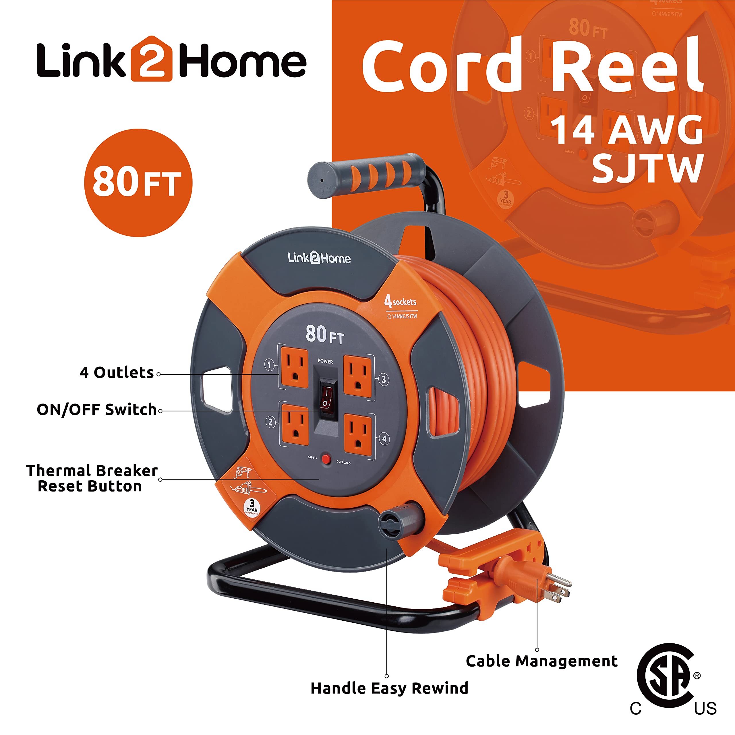 Link2Home Cord Reel 80 ft. Extension Cord 4 Power Outlets β 14 AWG SJTW Cable. Heavy Duty High Visibility Power Cord.