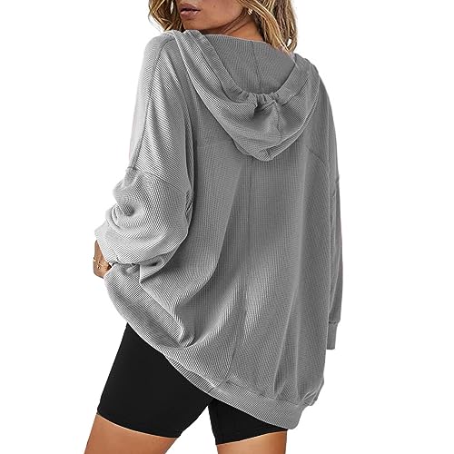 KSODFNXH Oversized Sweatshirt for Women Casual Trendy V-Neck Long Sleeves Tops Comfy Solid Color Drawstring Sweatshirts