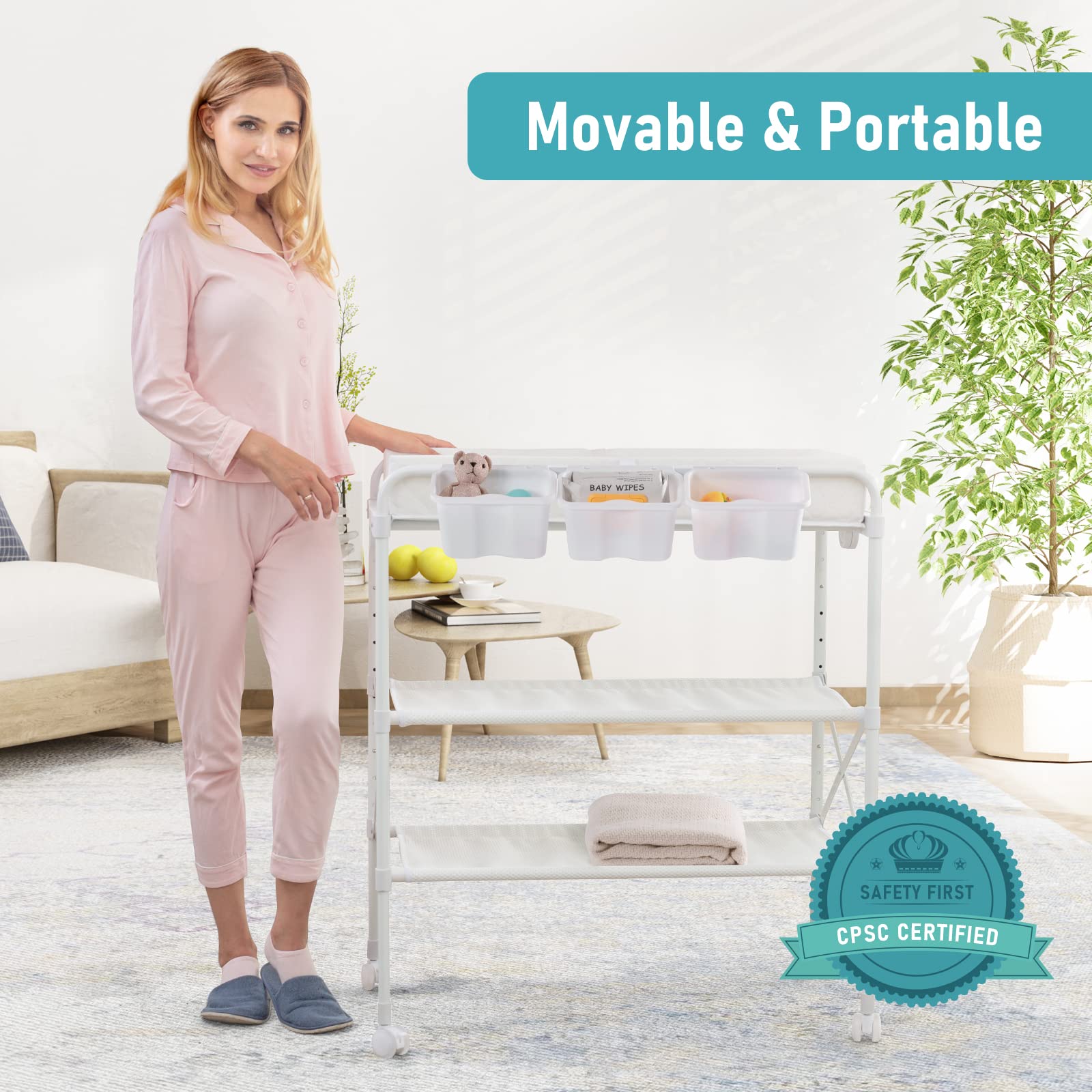 White Portable Changing Table, Baby Changing Station Foldable Baby Changing Table Dresser with Storage, Adjustable Height Waterproof Folding Mobile Diaper Station Pad with Wheels for Infant Nursery