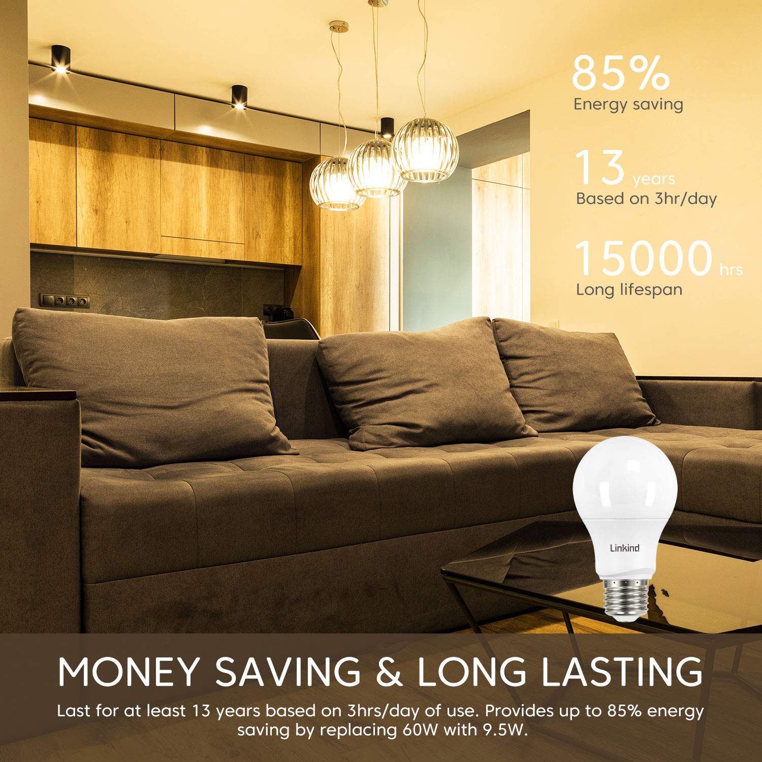 Linkind Dimmable A19 LED Light Bulbs, 60 Watt Equivalent, E26 Base, 2700K Soft White, 9.5W 800 Lumens CRI80+ 120V, UL Listed FCC Certified, Pack of 24