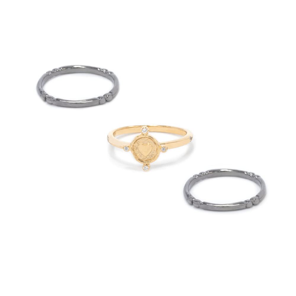 New Beginnings by Janyl Adair - Black Rhodium and Yellow Gold Plated .925 Sterling Silver White Zircon Set of 3 Stackable Stacker Rings - Size 7