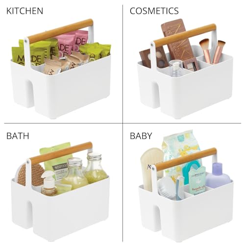 mDesign Plastic Portable Storage Organizer Kitchen Caddy Tote, Divided Bin w/Wood Handle for Napkins, Silverware, Forks, Knives, Spoons - Store in Cabinets, Counters - Aura Collection - White/Natural