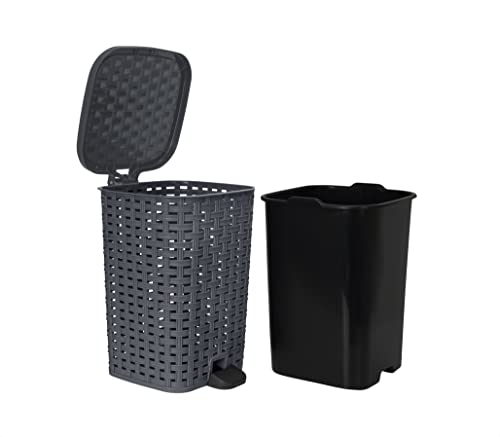 Superio Mini Trash Can with Foot Pedal Small Outdoor Garbage Can with Lid, 3 Gallon Plastic Waste Basket for Bathroom, Bedroom, Kitchen, Office, Patio (Wicker Grey 12 QT.)