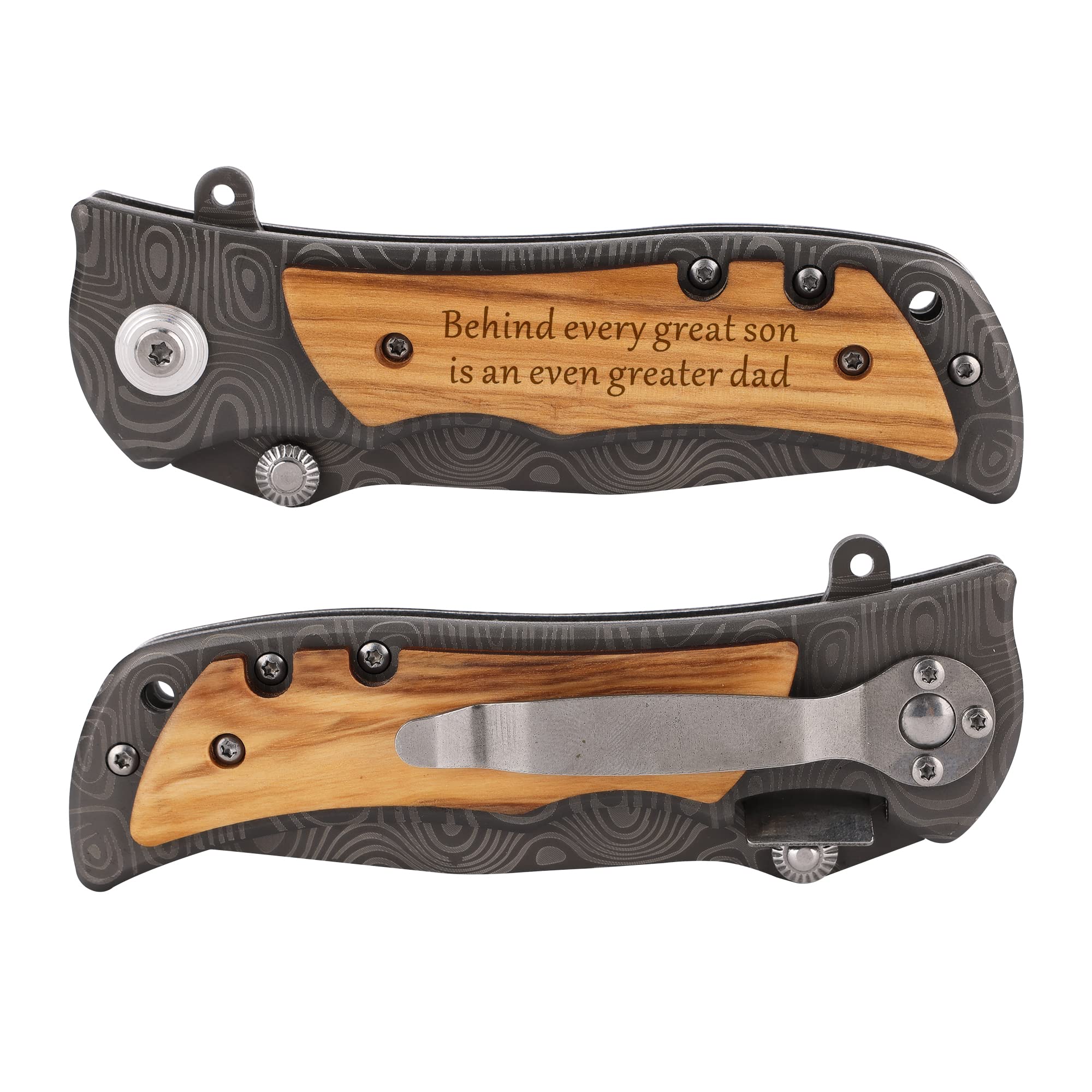 ZENNLAB Moblade EngravedWooden Pocket Knife with Clip for Dad, Gift for Dad from Son for Birthday, Christmas, Father's Day Gift, Dad Wedding Gift Ideas