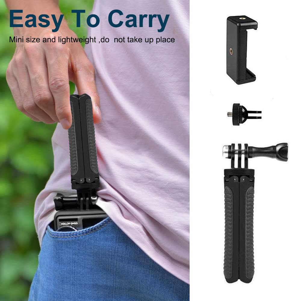 Mini Selfie Stick Tripod Kit 2-in-1, Compatible with GoPro AKASO Insta360 DJI Osmo Action Camera and Smartphones, 1/4 inch Screw Fixed, with 3-Level Telescopic Function Tripod(Black)
