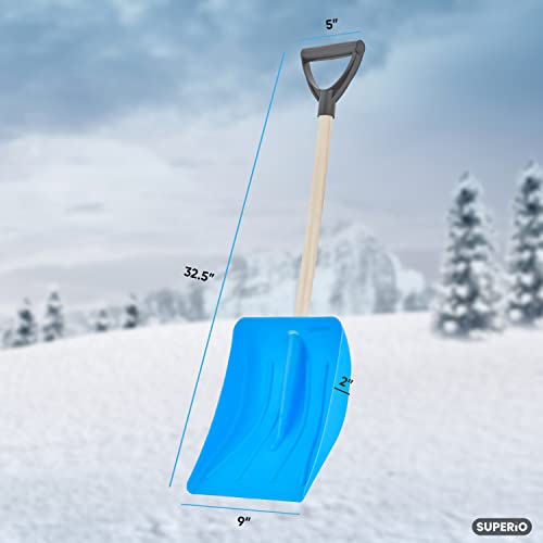 Superio Small Snow Shovel for Car Portable Snow Shovel for Driveway Snow Removal Compact Scooper Shovel Snow Pusher for Stairs 9" Heavy Duty Plastic Blade with Wood Handle 34" (2, Blue)