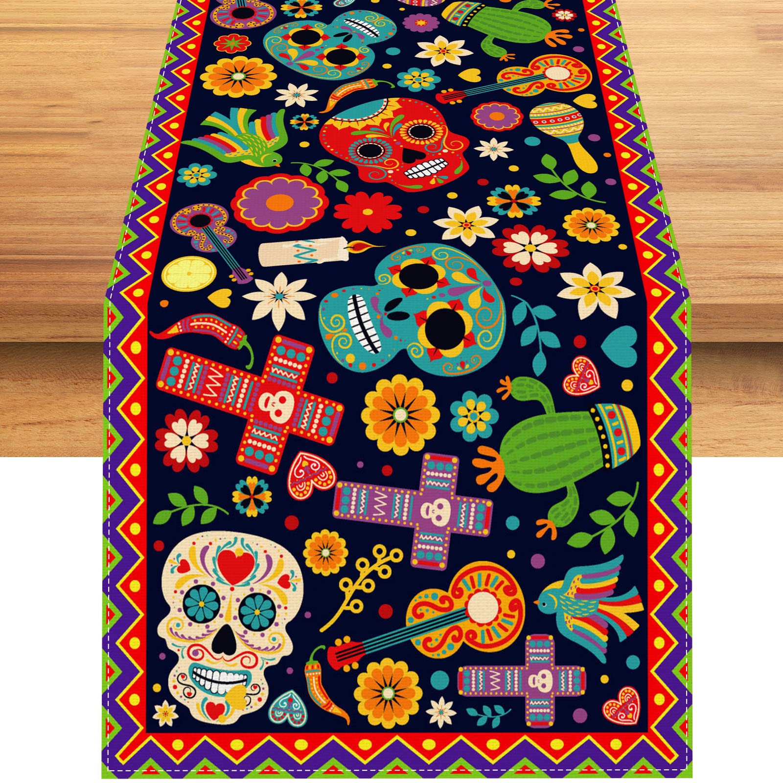 Linen Day of The Dead Table Runner Dia De Los Muertos Tablecloth Mexican Altar De Muertos Sugar Skull Decorations and Supplies for Home Table-13×72''