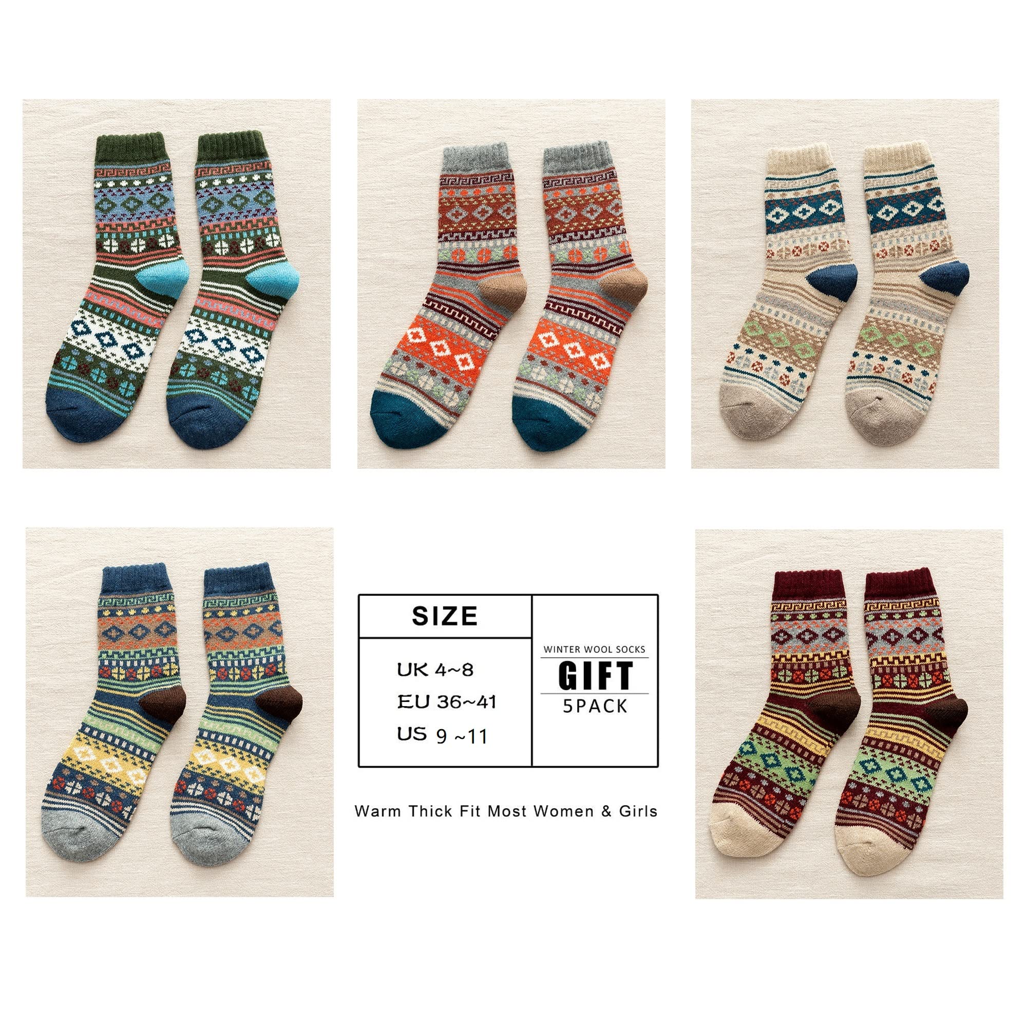 Norther30° 5 Pairs Women Winter Socks Cotton Soft Breathable Wool Socks for Men or Women Warm Thick Crew Socks