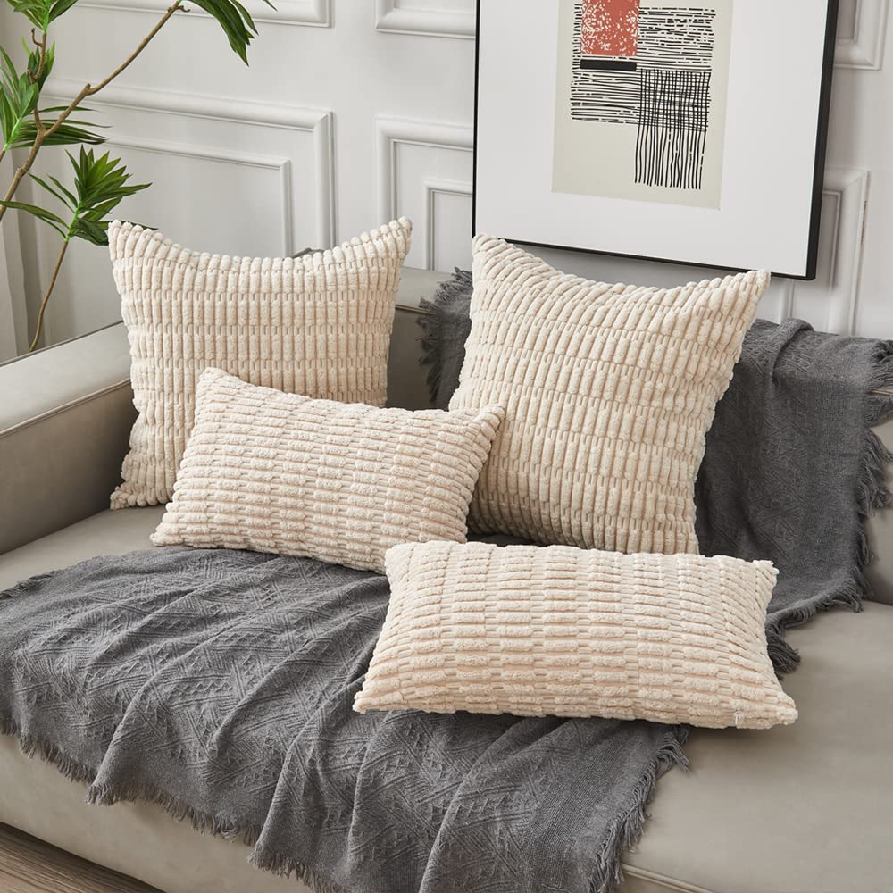 Junfawn Set of 4 Decorative Throw Pillow Covers 18 x 18 for Couch Sofa Bed, Soft Boho Striped Corduroy Cushion Cases for Living Room Decor, Cream White