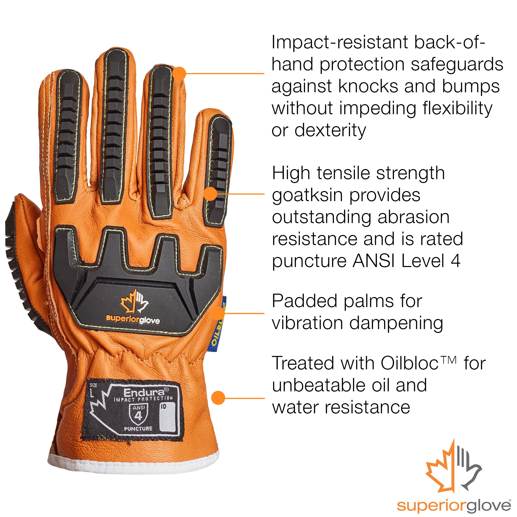 Superior Goatskin Leather Work Gloves - Anti-Impact Backing Hand Protection โ Endura Safety Gloves Oil and Water Resistant 378GKVSB (1 Pair) Size Large