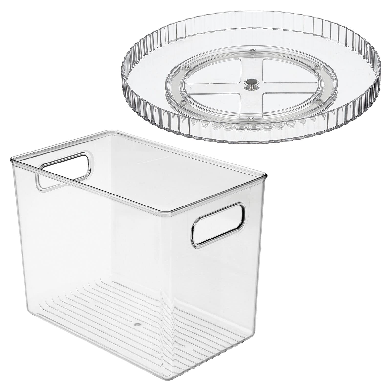 mDesign Plastic Deep Bathroom Bin with Handles and 11.5" Fluted Lazy Susan Turntable Plastic Spinner Combo Set for Organization in Bathroom, Closet, Cabinet, or Vanity Countertop - Set of 2 - Clear