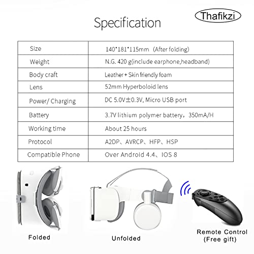 Virtual Reality Headset for Phones 3D VR Glasses with Remote Controller for Movies & Games Metaverse Goggles with Bluetooth Headset, Compatible with iPhone/Android Phones (Mocute Controller)