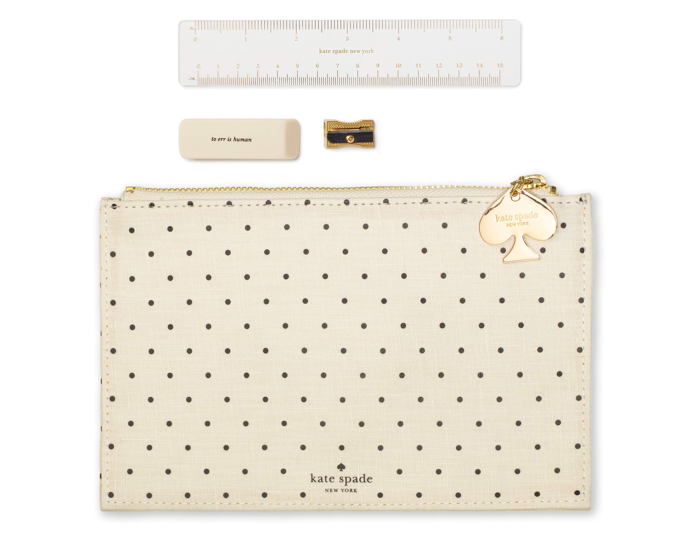 Kate Spade New York Black/White Pencil Pouch with Ruler, Eraser, & Sharpener, Leatherette Travel Zipper Pouch/Clutch, Literary Glasses