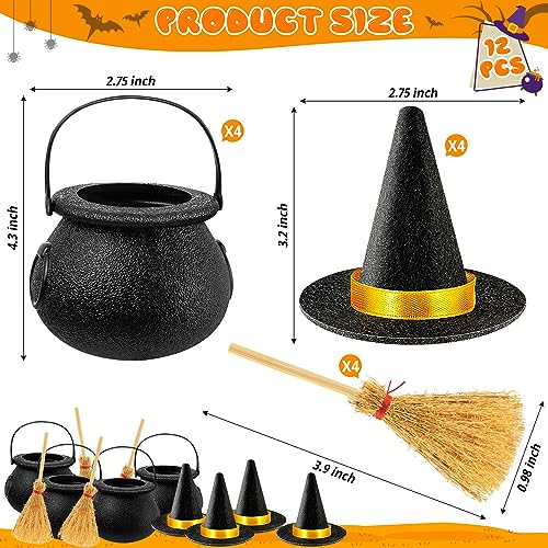 ZHWKMYP Mini Witch Hats and Brooms, 12Pcs Small Witch Hat for Crafts Kit, Witches Broom and Black Candy Cauldron Kettles for Halloween Decorations Party Supplies