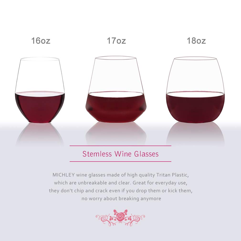 MICHLEY 18oz Red White Stemless Wine Glasses Tritan Plastic-Shatterproof Drinking Tumbler, Dishwasher Safe Drinkware for Parties Camping, Set of 4