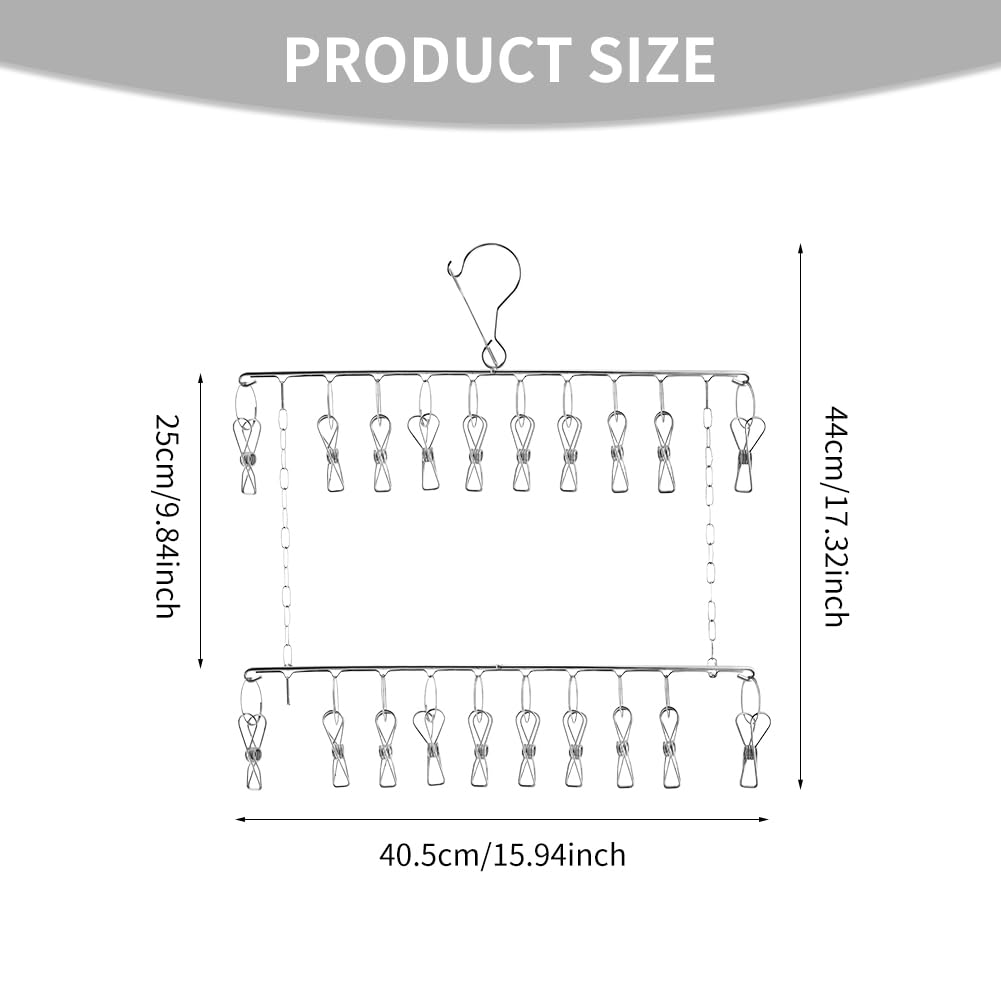 Zenquark Stainless Steel Sock Drying Rack, 2 Layers Swivel Hook Wind-Proof Sock Hanger Rack, Air Drying Rack with 20 Clips for Socks Underwear Knickers Shoe Insoles Baby Clothes Gloves
