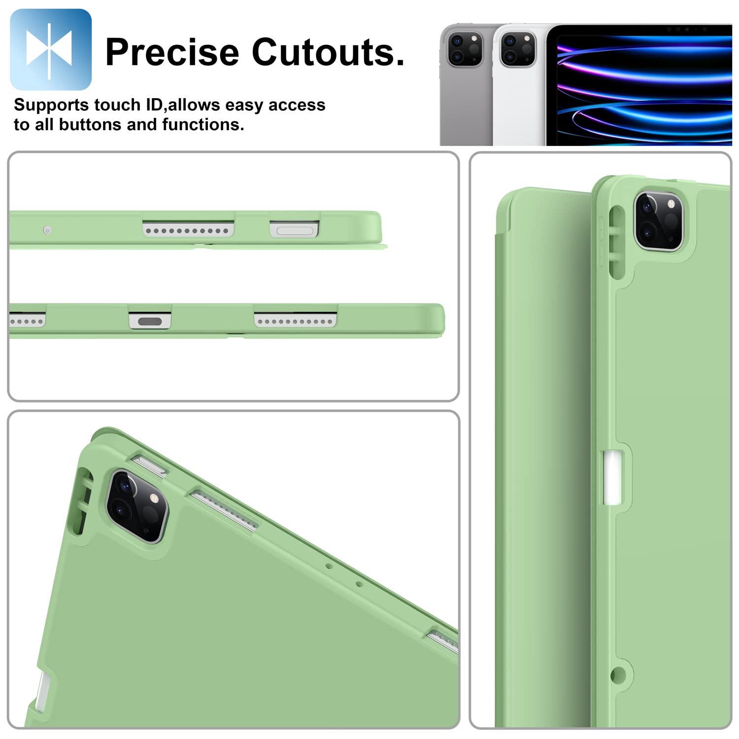 Supveco New iPad Pro 12.9 Inch Case 2022/2021 (6th/5th Gen) with Pencil Holder [Support iPad 2nd Gen Pencil Charging/Pair],Trifold Stand Smart Case with Soft TPU Back,Auto Wake/Sleep-(Green)