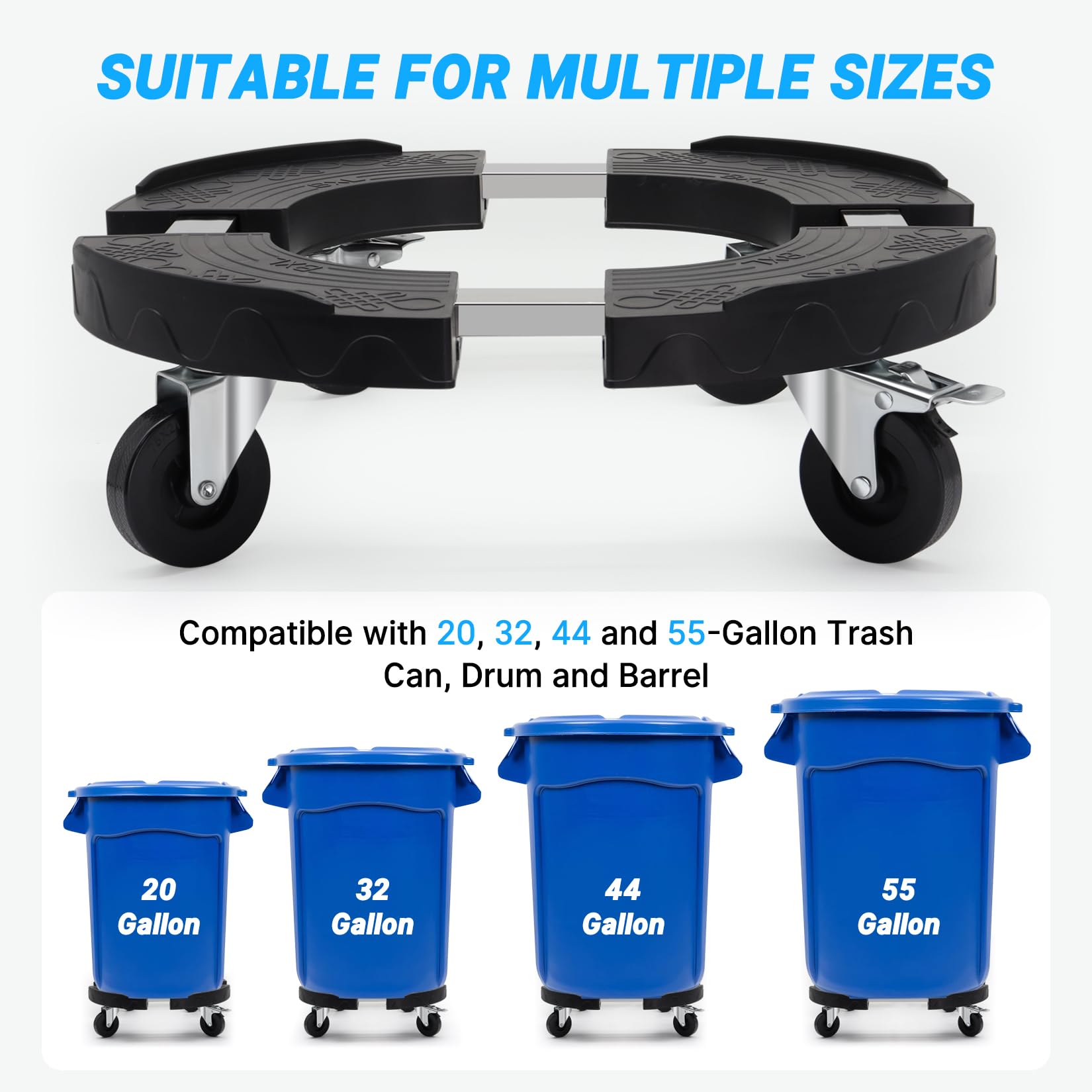 W B D WEIBIDA Upgraded Trash Can Dolly Adjustable 15-19 Inch Round Dolly with 3β Wheels Heavy Duty Trash Can Roller Base Large Barrel Dolly Multi Functional Drum Dolly Bucket Dolly