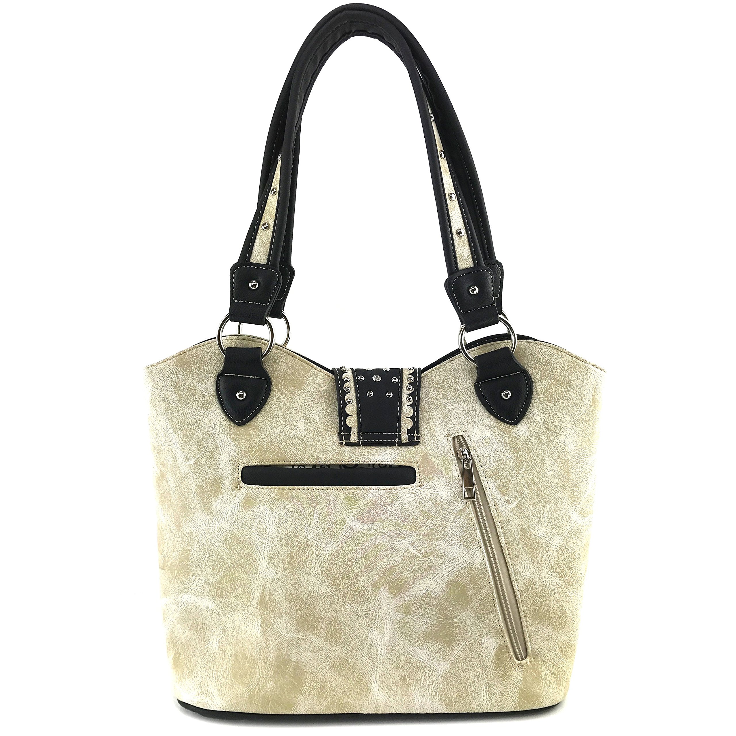 Justin West Tooled Floral Embroidery Buckle Studded Concealed Carry Tote Purse (Beige Purse Wallet Set)