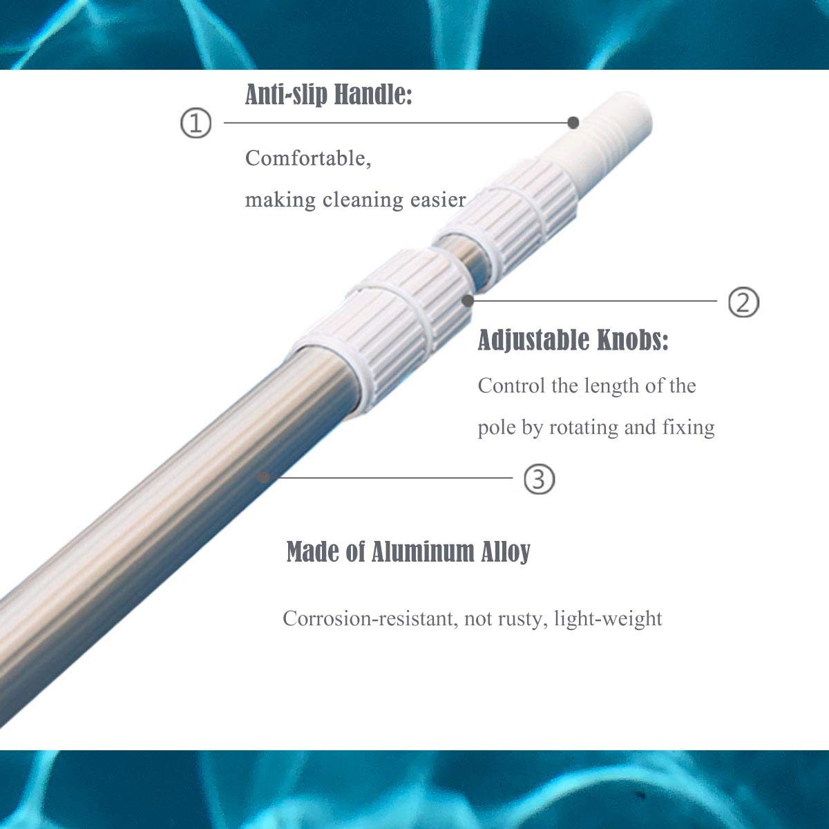 Upgraded Professional 16 Foot Swimming Pool Pole Telescopic Aluminum, 1.28mm Thicken Fits Pool Net Skimmer Rake Vacuum Head Brush Cleaning Heavy Duty, Adjustable 3 Section from 6 to 16ft Extension