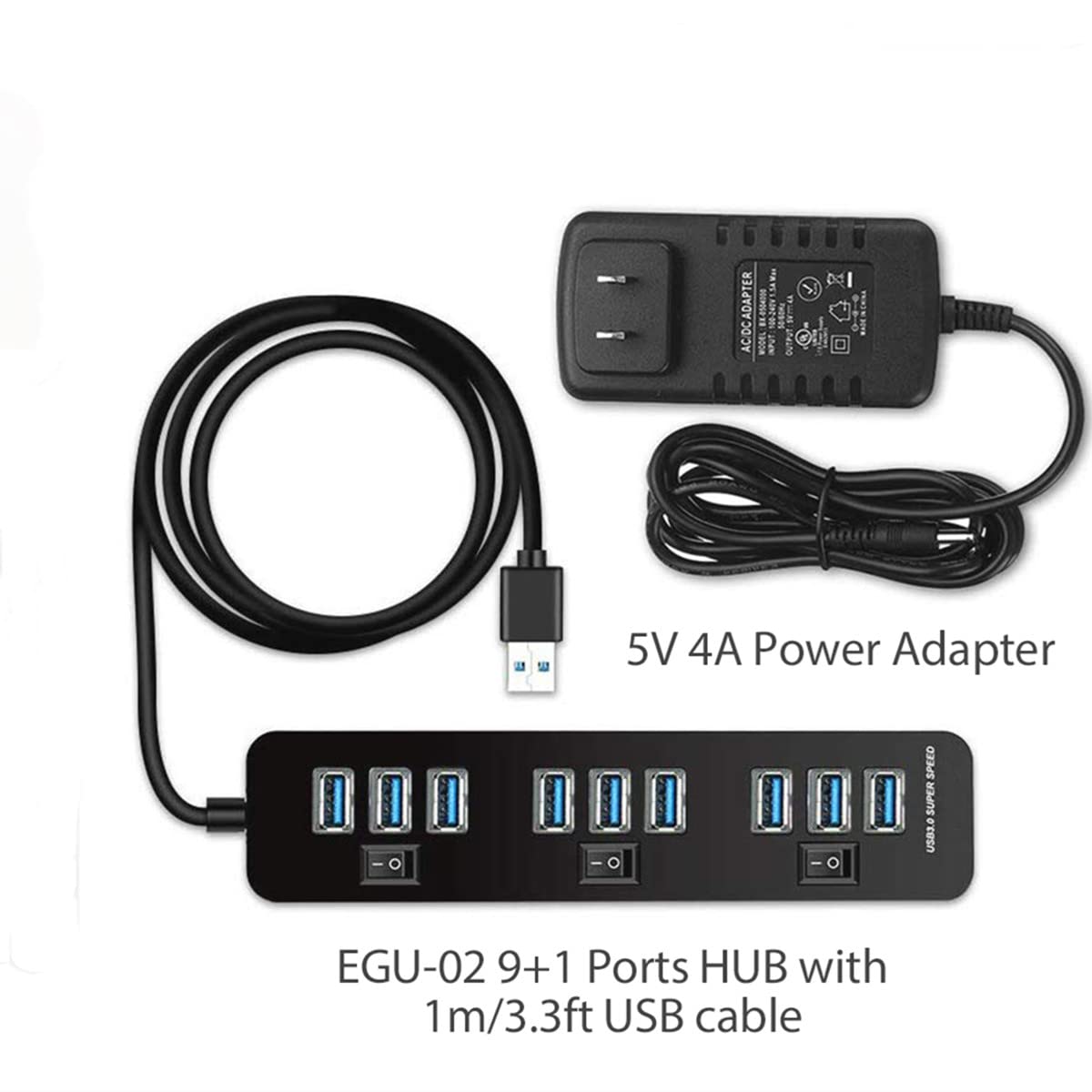 Powered USB 3.0 Hub, Adapter USB Extension, 9 Ports USB Data Hub Splitter with 1 Smart Charging Port and 3 ON/Off Switches, 5V/4A Power Adapter USB Extension for MacBook, Mac Pro/Mini etc