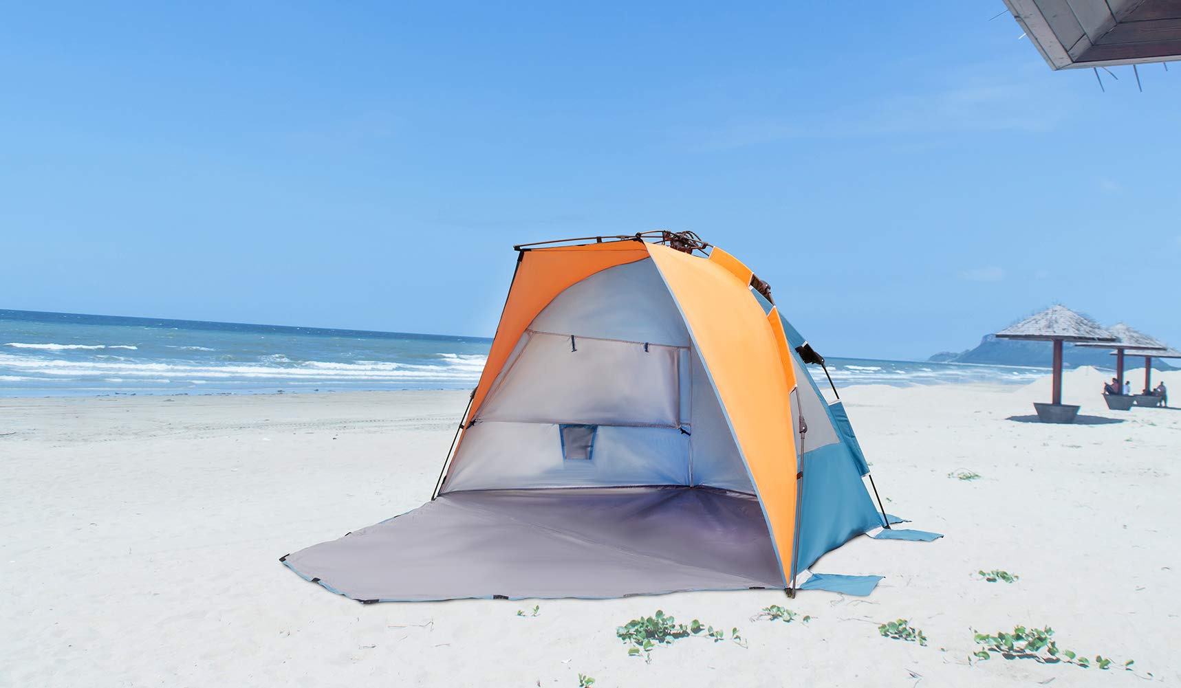 Linke Beach Tent Sun Shelter, 4 Person Easy Setup Camping Sun Shade Canopy with Carry Bag, XL Size (Orange&Blue)