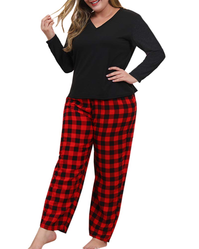 KAMONG Women's Plus Size Pajamas Set,Long Sleeve Tops and Plaid Pants Night Shirt Soft Pjs Loungewear Sleepwear Sets 3x 4x 5x